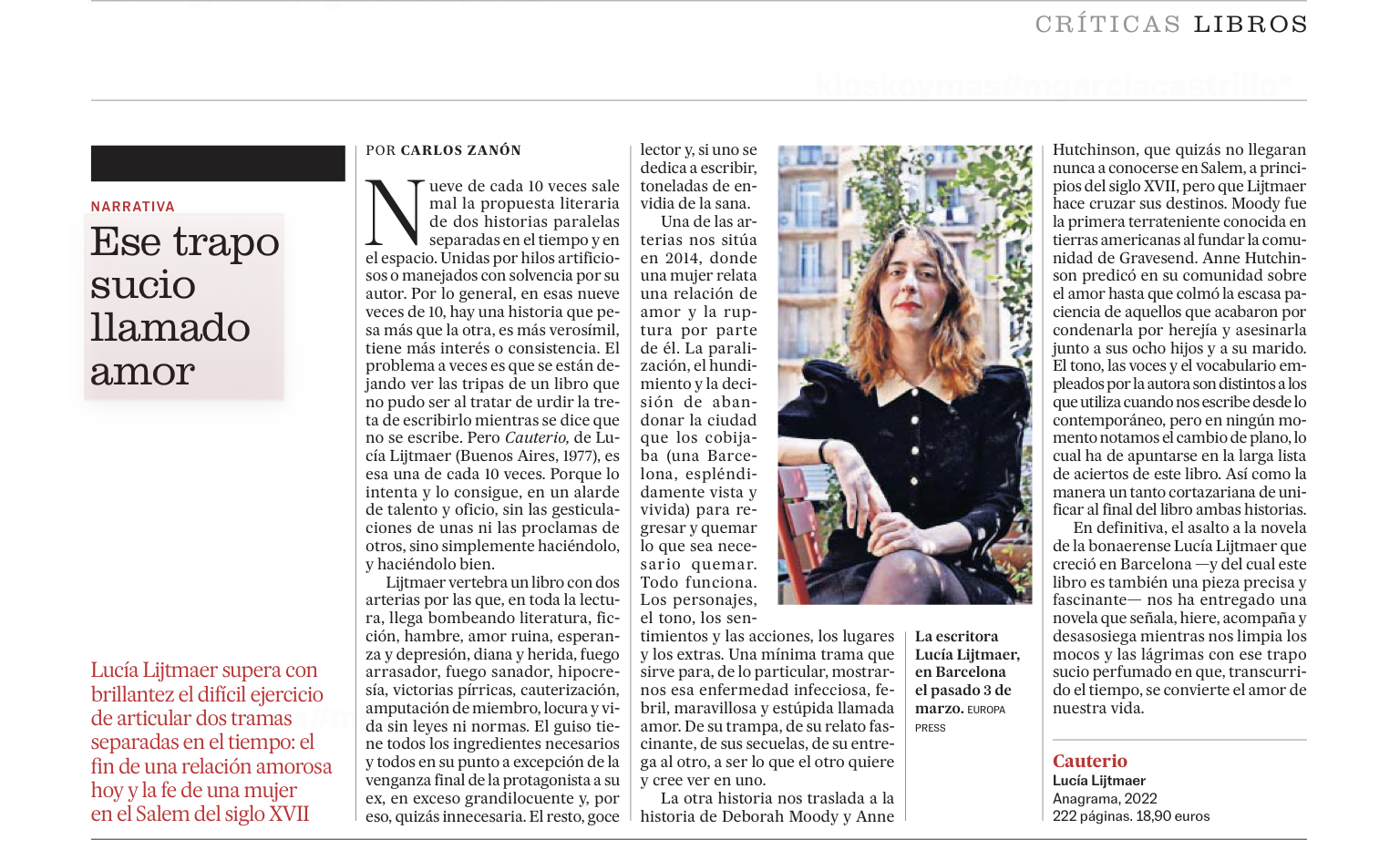 Crítica: «Cauterio», Lucía Lijtmaer. Carlos Zanón | Los cuadernos de Vieco